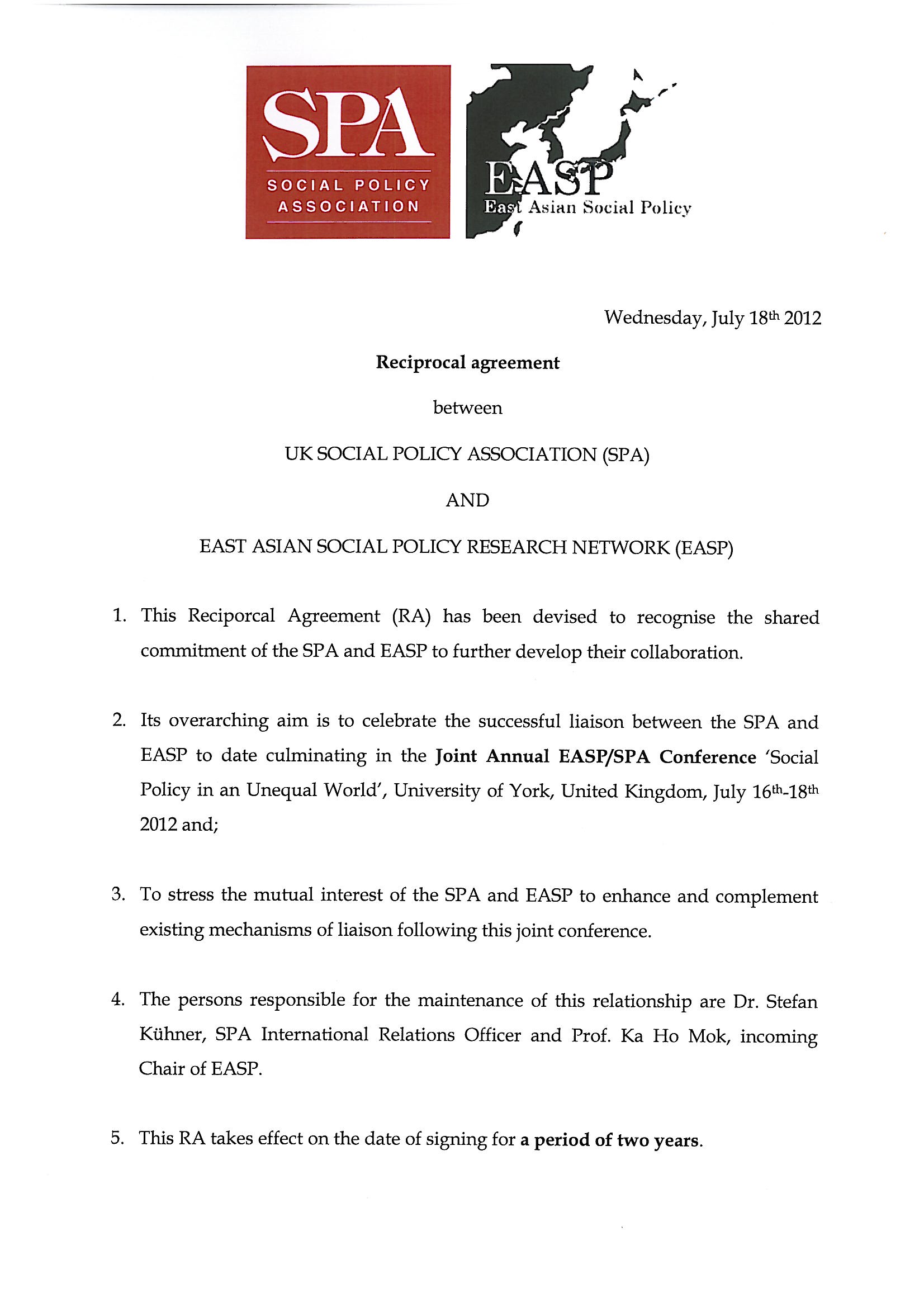 Reciprocal agreement between SPA & EASP – EASP